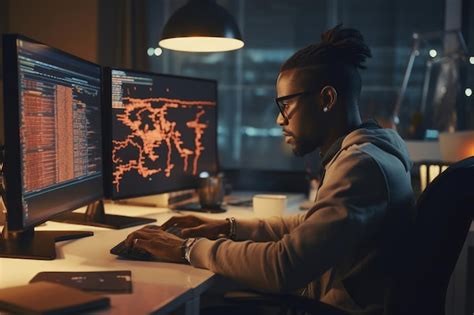 Premium Photo African American Developer Coding At Desk With Multiple