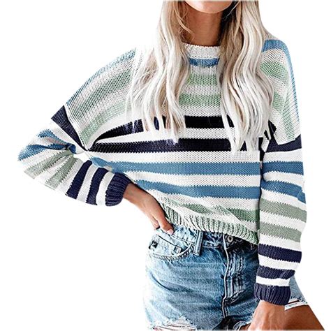 Olyvenn Womens Oversized Striped Colorblock Cropped Knit Sweater