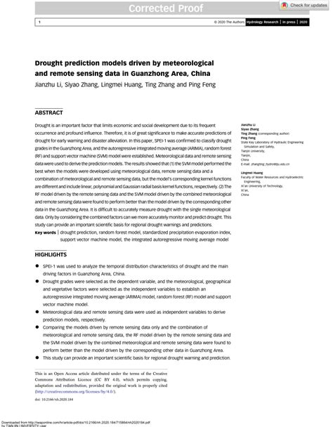 Pdf Drought Prediction Models Driven By Meteorological And Remote Sensing Data In Guanzhong