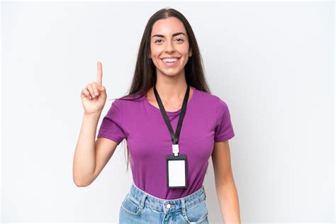 Junge Kaukasische Frau Mit Ausweis Lokalisiert Auf Wei Em Hintergrund Der Eine Gro Artige Idee