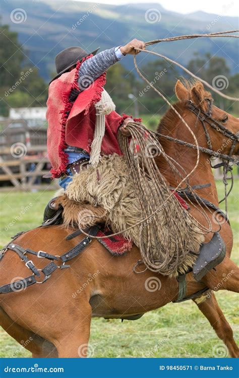 Indigenous Quechua Cowboy In Field Throwing Lasso Editorial Photo