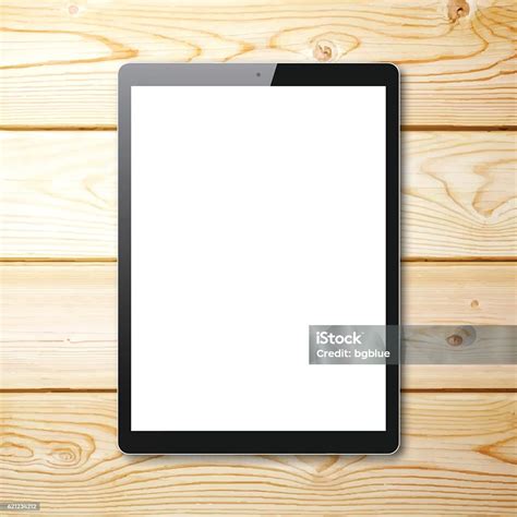 Tablet Pc Dengan Layar Kosong Di Latar Belakang Kayu Ilustrasi Stok