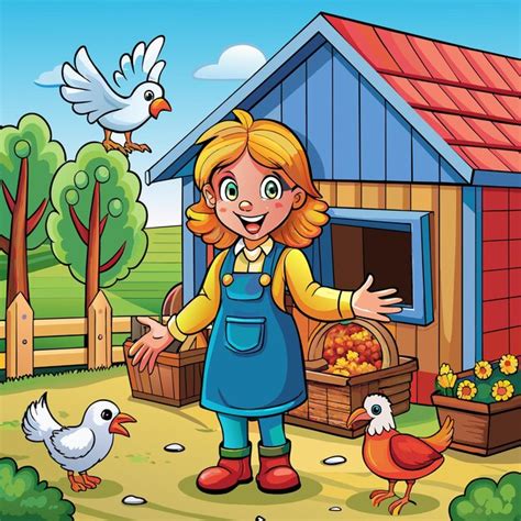 Una Caricatura De Una Chica Con Un Pollo Y Pollos Vector Premium