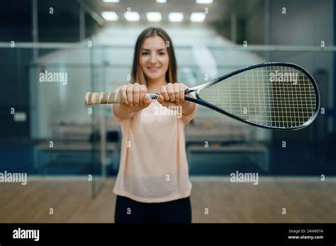 Female Player Shows Squash Racket On Court Stock Photo Alamy