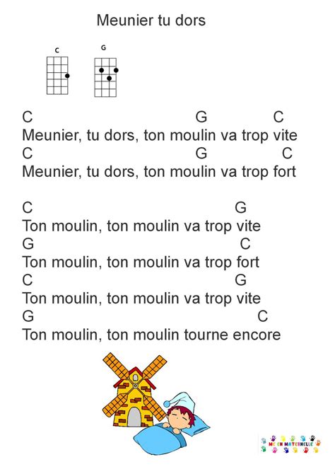 Meunier tu dors pour Ukulélé Chansons ukulélé Comptine ukulélé Ukulélé