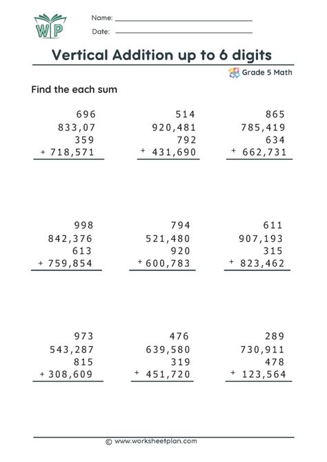 Vertical Addition Up To 6 Digits Worksheet Plan