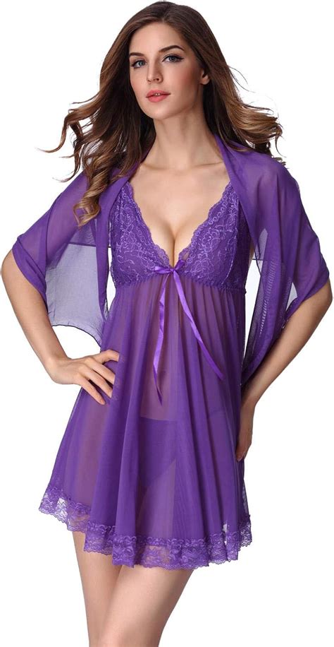 LWFYT See Through Sexy Lingerie Women Off Shoulder Sexy Lingerie Purple