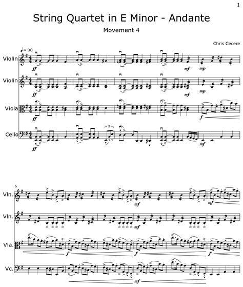 String Quartet In E Minor Andante Sheet Music For Violin Viola Cello