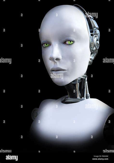 Face Portrait Of A Female Robot 3d Rendering Black Background Stock