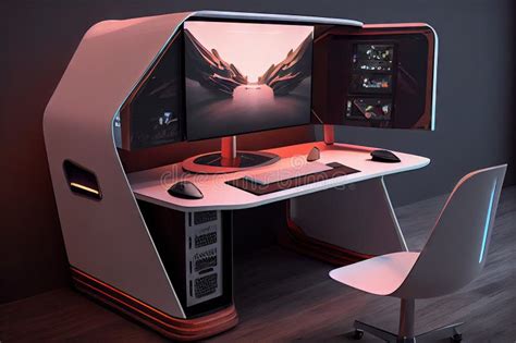 Minimalist Gaming Desk With Sleek Monitor And Keyboard Stock