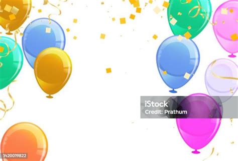 배경에 고립 된 사실적인 다채로운 헬륨 풍선 생일 기념일 축하를위한 파티 장식 프레임 메시지 프레젠테이션 또는 Id 레이아웃