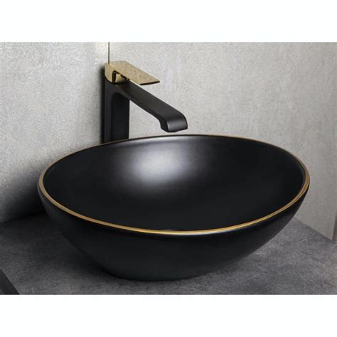 Vasque à Poser Ovale En Céramique Formoza Noir Liseré Or 415 X 335 Cm