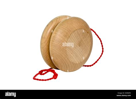 Wood Yo Yo Yoyo With Coiled Red String Isolated On White Front And Side View Horizontal Stock