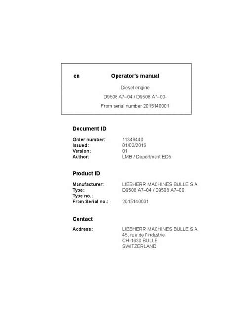 Liebherr D9508 A7 Diesel Engine Operating Manual Pdf Download Service