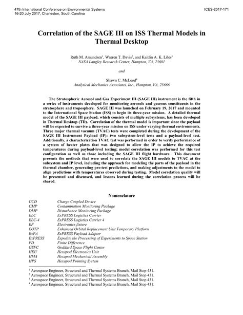 Correlation Of The Sage Iii On Iss Thermal Models In Thermal Desktop Docslib