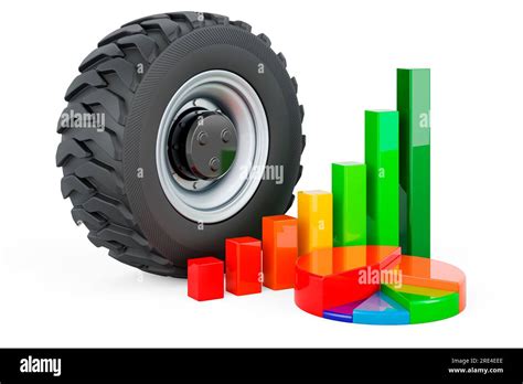 truck wheel with growth bar graph and pie chart 3d rendering isolated