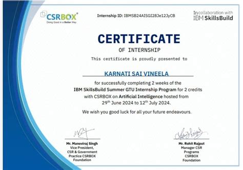 Sai Vineela On Linkedin Ai Internship Ibmskillsbuild Csrbox