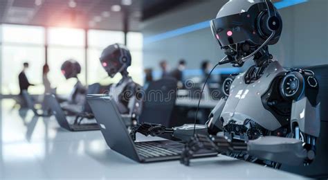 Artificial Intelligence Ai Robots Diligently Work At Computers In A