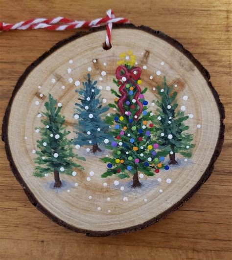 Christmas Tree Forest Hand Painted Wood Round Ornament Free Etsy In