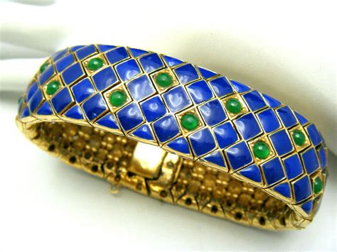Vintage Signed Ciner Blue Enamel Green Glass Cabochon Gem