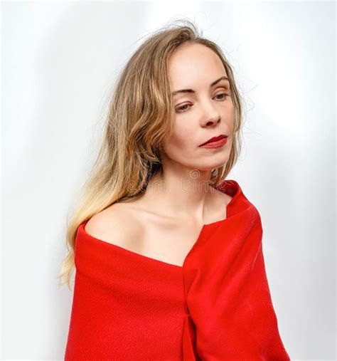 Blonde Woman In Red Scarf Bare Shoulders Dreamy Calm Look To Side