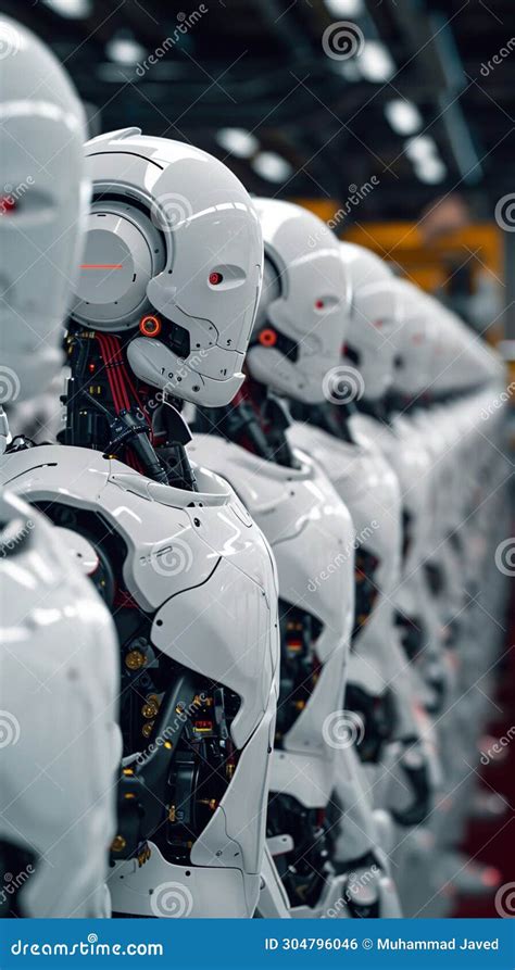 Robotic Workforce Assembly Line Producing Robots With Advanced Artificial Intelligence Stock