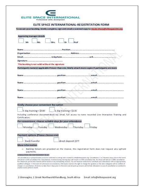 Fillable Online Elite Space Internartional Registrtation Form Fax Email