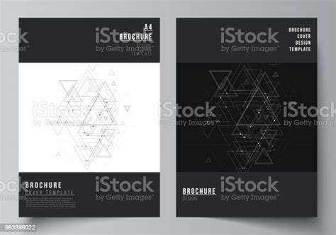 안내 책자 잡지 전단지 책자에 대 한 A4 형식 커버 샘플 디자인 서식 파일의 벡터 편집 가능한 레이아웃입니다 점 들과 라인을 연결 하는 삼각형 다각형 배경 연결 구조