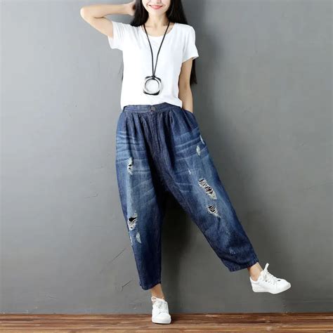 Women Plus Size Elastic Waist Scratched Bleached Denim Harem Pants