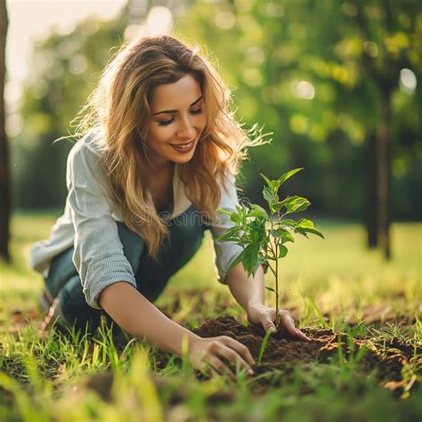 A Woman Plants A Sapling In The Soil Smiling Stock Illustration
