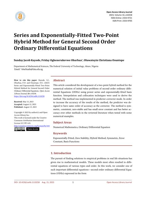 Pdf Series And Exponentially Fitted Two Point Hybrid Method For General Second Order Ordinary