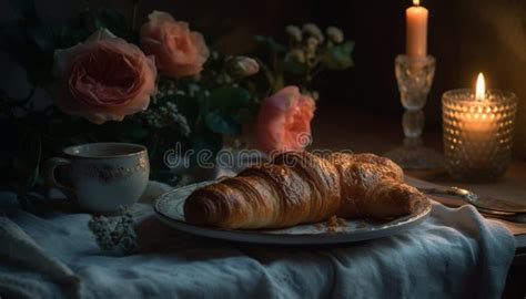 A Romantic Homemade Dessert On A Comfortable Bed With Coffee Generated