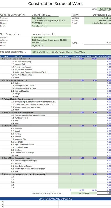 Scope Of Work Excel Template