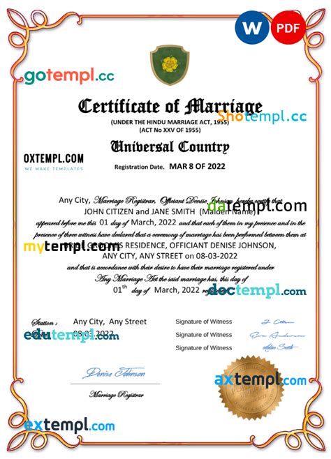 Gloss Universal Marriage Certificate Word And PDF Fake Template