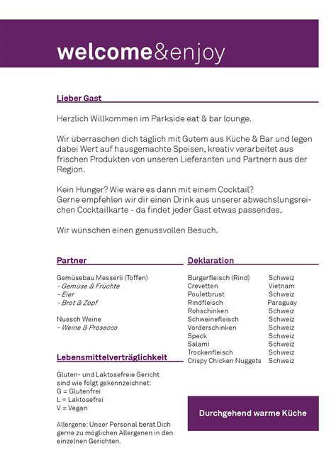 Speisekarte Restaurant Parkside Eat Bar Lounge In Thun
