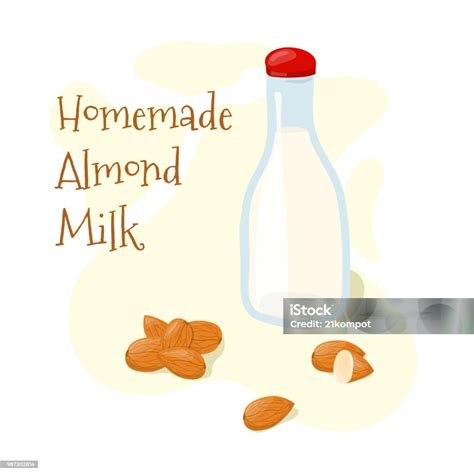 전체 아몬드 수 제 아몬드 우유 유리 병 벡터 포스터 건강 한 먹는 타이 포 그래피 레터링 만화 그림 흰색 배경에 고립 갈색에 대한 스톡 벡터 아트 및 기타 이미지 Istock