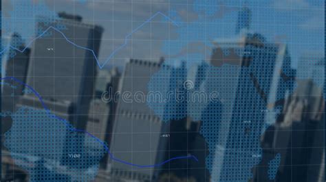animation of world map and data processing over cityscape stock footage