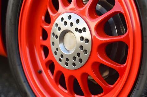 Premium Photo Closeup Detail Of Red Aluminum Car Wheel Neural Network Ai Generated Art