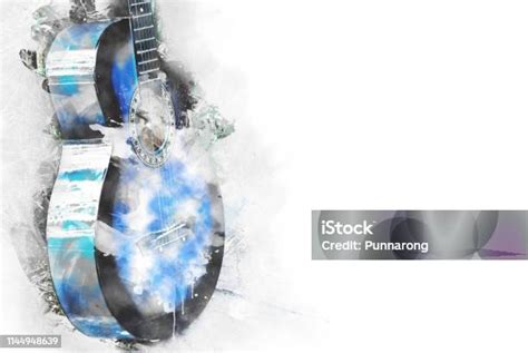 예술에 수채화 그림 배경과 디지털 일러스트 브러쉬에 전경에서 어쿠스틱 기타에 추상 화려한 모양 컨트리 앤드 웨스턴 음악에 대한 스톡 사진 및 기타 이미지 Istock