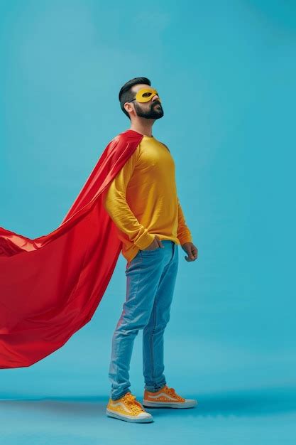 Superhero Man Wearing Super Hero Cape And Mask Brave Manager Leadership