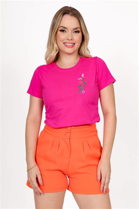 T Shirt Borboleta Flores Bordado No Bolso Rosa Pink Atacado Tshirt