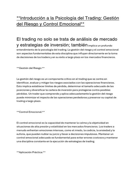 Psicología Del Trading Gestión Del Riesgo Control Emocional Pdf