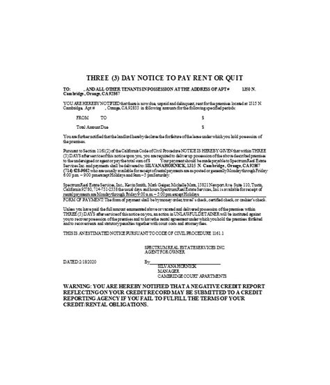 Free 8 Three Day Notice To Pay Rent Or Quit Forms In Pdf Ms Word