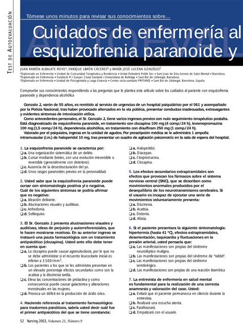 PDF Cuidados de enfermería al paciente con esquizofrenia paranoide y