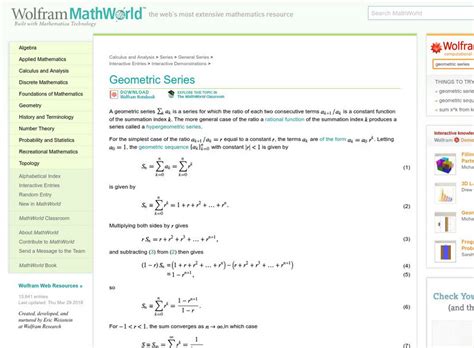 Wolfram Math World Geometric Series Handout For 9th 10th Grade