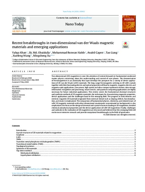 Pdf Recent Breakthroughs In Two Dimensional Van Der Waals Magnetic Materials And Emerging