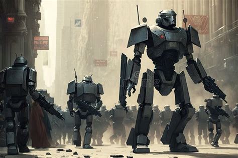 Robot Army Marching Through City With Blasters In Hand Stock