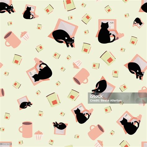 귀여운 만화 노트북과 고양이 벡터 원활한 패턴 배경입니다 검은 고양이 노트 북과 커피 컵 민트 녹색 배경 재미있는 비즈니스