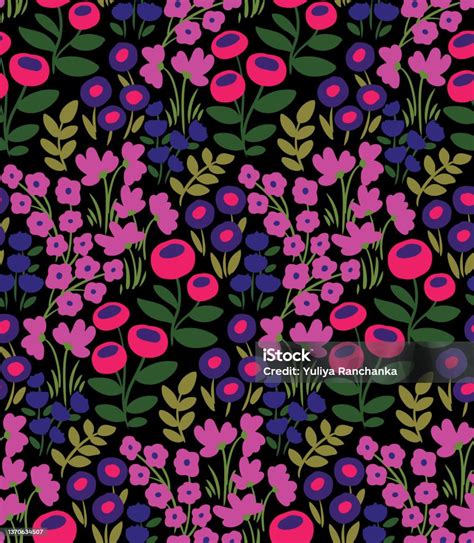 밝은 꽃 초원과 원활한 패턴 다양한 작은 꽃 손으로 그린 잎 허브의 자유 구성 다크 플로럴 배경 현대적인 식물 프린트 인쇄용 디자인 벡터 꽃 식물에 대한 스톡 벡터 아트 및