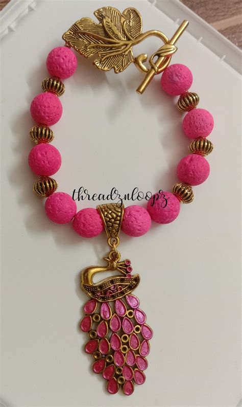 Pink Peacock Bracelet Lava Bead Handmade Bracelets Pink Peacock